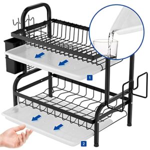 Astoryou Dish Drying Rack, 2 Tier Dish Racks for Kitchen Counter, Rust-Resistant Drying Rack Kitchen Dish Drainers with Drainboard ,Utensil Holder and Cutting Board Holder, Black