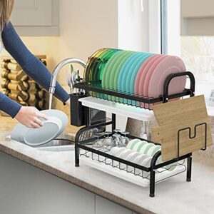 Astoryou Dish Drying Rack, 2 Tier Dish Racks for Kitchen Counter, Rust-Resistant Drying Rack Kitchen Dish Drainers with Drainboard ,Utensil Holder and Cutting Board Holder, Black