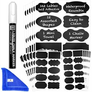 chalkboard labels for jars 162pcs – waterproof reusable chalk sticker labels for containers storage jars – 12 unique shapes & 3 sizes includes erasable liquid chalk marker & mini towel (pack of 162)