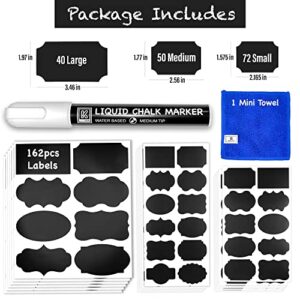 Chalkboard Labels for Jars 162pcs - Waterproof Reusable Chalk Sticker Labels for Containers Storage Jars - 12 Unique Shapes & 3 Sizes Includes Erasable Liquid Chalk Marker & Mini Towel (Pack of 162)