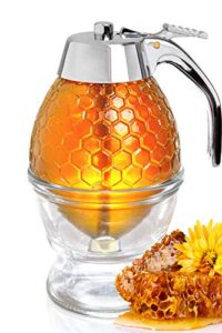 hunnibi honey dispenser plus – no drip glass with stainless steel top – syrup dispenser glass – beautiful honey pot – honey jar with stand