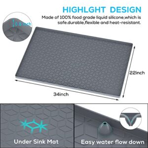 Under Sink Mat for Kitchen, 34"x22" Silicone Waterproof Under Sink Shelf Liner, Flexible Sink Cabinet Organizer Tray, Hold up to 3.3 Gallons Liquid, Sink Protector Tray with Drain Hole Easy to Clean