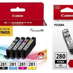 Canon CLI-281 BKCMY 4-Color Ink Tank Value Pack (2091C005) + Canon PGI-280 XL Pigment Black Ink Tank (2021C001)