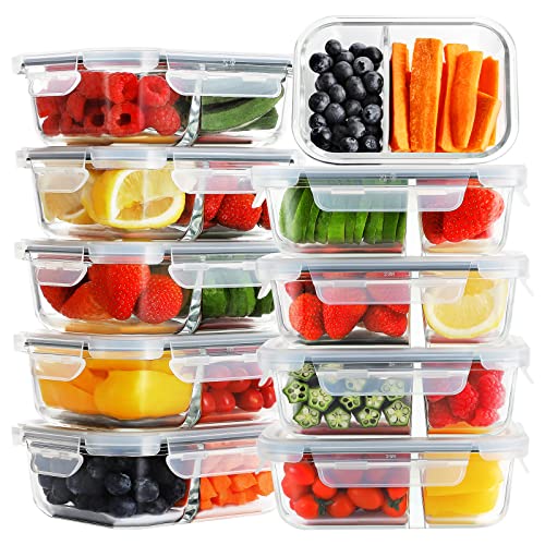 Bayco 10 Pack Glass Meal Prep Containers 2 Compartment, Glass Food Storage Containers with Lids, Airtight Glass Lunch Bento Boxes, BPA-Free & Leak Proof (10 lids & 10 Containers) - Grey