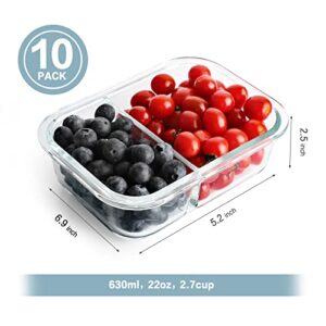 Bayco 10 Pack Glass Meal Prep Containers 2 Compartment, Glass Food Storage Containers with Lids, Airtight Glass Lunch Bento Boxes, BPA-Free & Leak Proof (10 lids & 10 Containers) - Grey