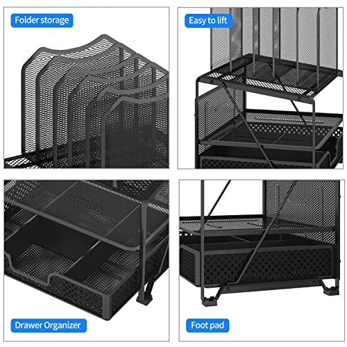 Simple Trending Mesh Desk Organizer with Sliding Drawer, Double Tray with 5 Sections File Bookshelf, Black