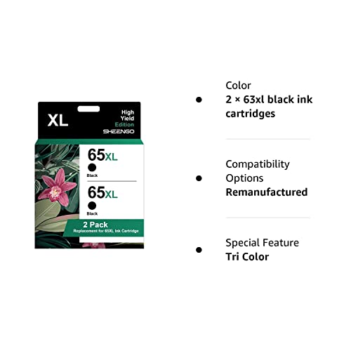 65XL Black Ink Cartridge High Yield Compatible for HP Ink 65 65XL 65 Black Ink Cartage Works with DeskJet 3772 3755 3722 3752 3700 2600, Envy 5055 5000 5070 5052 5014, N9K04AN (2 Black) Remanufactured