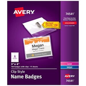 avery customizable name badge clips, 3″ x 4″, white, 100 printable inserts and badge holders with clips (74541)