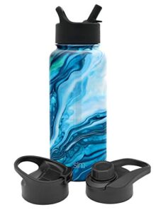 simple modern insulated water bottle with 3 lid options-straw, flip, chug, handle reusable wide mouth stainless steel flask thermos sport, 4 piece set, pattern: ocean geode