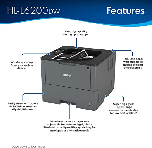 Brother HL-L62 Series Compact Monochrome Laser Printer, 48ppm, 520 Sheets, Wireless, Mobile Printing, Auto 2-Sided Printing, with MTC Printer Cable