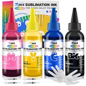 printers jack sublimation ink four pack 400 ml ultra vivid for epson c88 c88+ wf7710 et2720 inkjet printers heat press transfer on mugs, polyester shirts etc