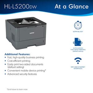 Brother HL-L5200DW Wireless Monochrome Single-Function Laser Printer for Home Office, Gray - Print only - 42 ppm, 1200 x 1200 dpi, 8.5" x 14" Legal, 256MB Memory, Auto Duplex Printing, Ethernet