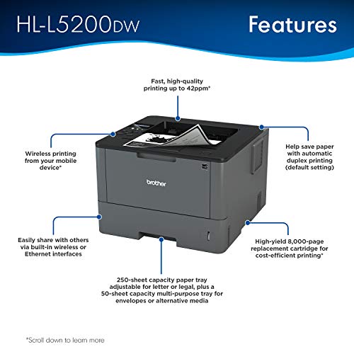 Brother HL-L5200DW Wireless Monochrome Single-Function Laser Printer for Home Office, Gray - Print only - 42 ppm, 1200 x 1200 dpi, 8.5" x 14" Legal, 256MB Memory, Auto Duplex Printing, Ethernet