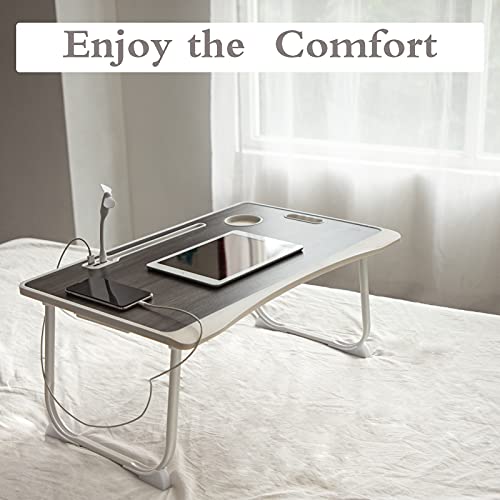 Tiovo Laptop Bed Desk, Portable Bed Table 4 USB Ports Laptop Stand Bed Lap Desk Tray Table with Foldable Legs Storage Drawer for Home Bed Couch Floor, Gray