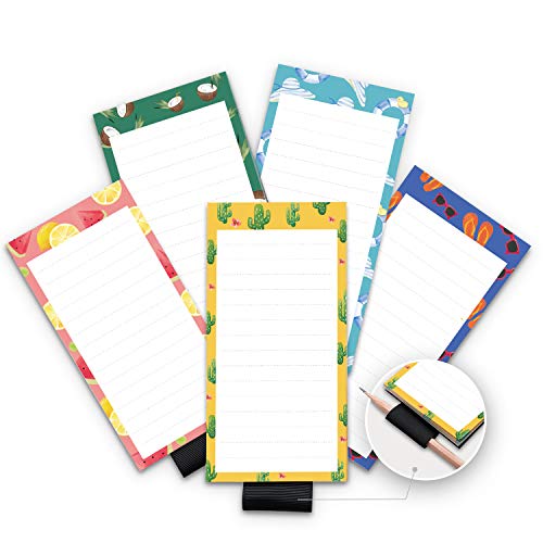 5 Pack Magnetic Notepads for Fridge with Pen Holder, Full Magnet Back Notepad, to Do List, Grocery Shopping, Summer Theme, 6" x 3", 50 Sheets, Magnet Memo Pad for Fridge, Locker, File Cabinet, etc