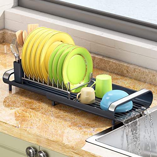 Dish Drying Rack, Kitchen Counter Small Dish Drainers Rack Expandable(11" to 19.3"), in Sink Dish Drying Rack Auto-Drain Compact Stainless Steel Dish Strainers with Utensil Caddy, Grey