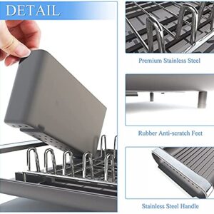 Dish Drying Rack, Kitchen Counter Small Dish Drainers Rack Expandable(11" to 19.3"), in Sink Dish Drying Rack Auto-Drain Compact Stainless Steel Dish Strainers with Utensil Caddy, Grey