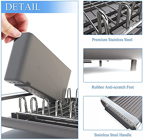 Dish Drying Rack, Kitchen Counter Small Dish Drainers Rack Expandable(11" to 19.3"), in Sink Dish Drying Rack Auto-Drain Compact Stainless Steel Dish Strainers with Utensil Caddy, Grey