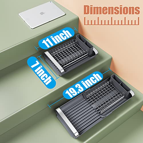 Dish Drying Rack, Kitchen Counter Small Dish Drainers Rack Expandable(11" to 19.3"), in Sink Dish Drying Rack Auto-Drain Compact Stainless Steel Dish Strainers with Utensil Caddy, Grey