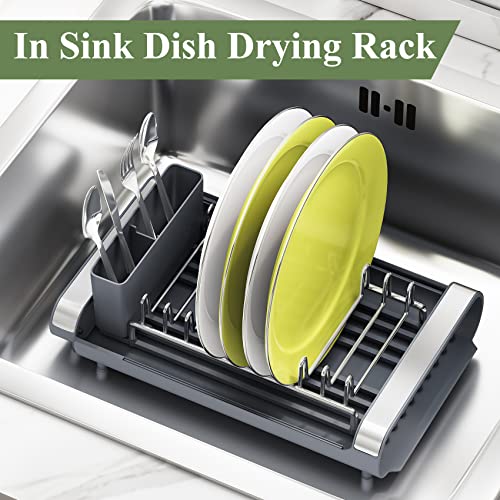 Dish Drying Rack, Kitchen Counter Small Dish Drainers Rack Expandable(11" to 19.3"), in Sink Dish Drying Rack Auto-Drain Compact Stainless Steel Dish Strainers with Utensil Caddy, Grey