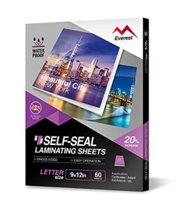 everest self adhesive laminating sheets, single sided, waterproof, removable adhesive within 24 hours, 9 x 12 inches, 60 clear self seal laminating sheets, letter size