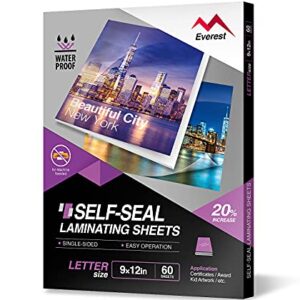 Everest Self Adhesive Laminating Sheets, Single Sided, Waterproof, Removable Adhesive Within 24 Hours, 9 x 12 Inches, 60 Clear Self Seal Laminating Sheets, Letter Size