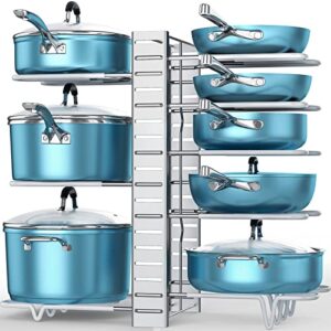 ordora pots and pans organizer for cabinet, 8 tier pot rack with 3 diy methods, adjustable pan organizer rack for cabinet, pot organizer for kitchen organization & storage, pot lid organizer, silver