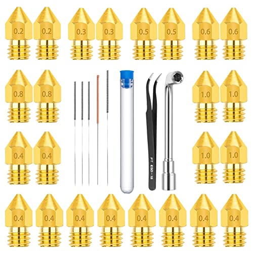 24Pcs MK8 3D Printer Nozzles Extruder nozzles Kit 0.4mm,0.2mm,0.3mm,0.5mm,0.6mm,0.8mm,1.0mm Brass Nozzles with 5Pcs Stainless Steel Cleaning Needle for for Creality CR-10, Ender 3/ pro/v2/5, Prusa i3