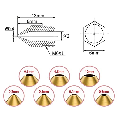 24Pcs MK8 3D Printer Nozzles Extruder nozzles Kit 0.4mm,0.2mm,0.3mm,0.5mm,0.6mm,0.8mm,1.0mm Brass Nozzles with 5Pcs Stainless Steel Cleaning Needle for for Creality CR-10, Ender 3/ pro/v2/5, Prusa i3