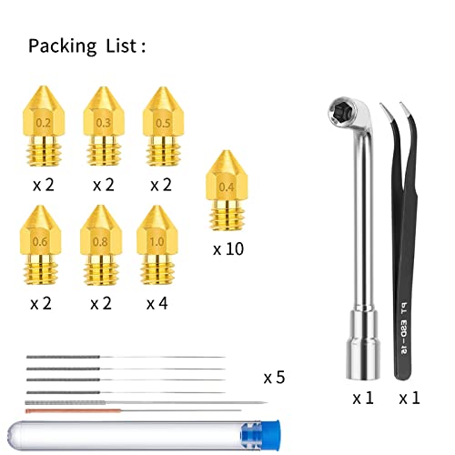 24Pcs MK8 3D Printer Nozzles Extruder nozzles Kit 0.4mm,0.2mm,0.3mm,0.5mm,0.6mm,0.8mm,1.0mm Brass Nozzles with 5Pcs Stainless Steel Cleaning Needle for for Creality CR-10, Ender 3/ pro/v2/5, Prusa i3