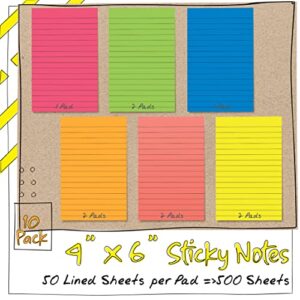 Lined Sticky Notes, 4 x 6, 10 Pack, 500 Sheets (50/Pad), Self Stick Notes with Lines, 6 Bright Assorted Colors, by Better Office Products, Post Memos, Strong Adhesive, 10 Pads