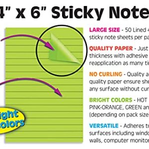 Lined Sticky Notes, 4 x 6, 10 Pack, 500 Sheets (50/Pad), Self Stick Notes with Lines, 6 Bright Assorted Colors, by Better Office Products, Post Memos, Strong Adhesive, 10 Pads