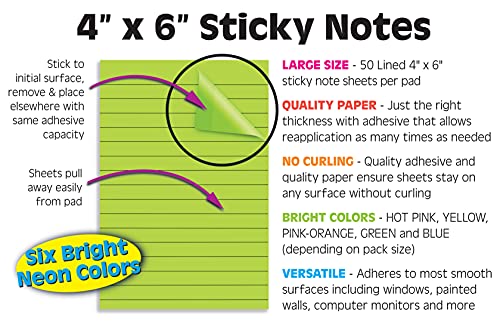 Lined Sticky Notes, 4 x 6, 10 Pack, 500 Sheets (50/Pad), Self Stick Notes with Lines, 6 Bright Assorted Colors, by Better Office Products, Post Memos, Strong Adhesive, 10 Pads