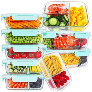 bayco 9 pack glass meal prep containers 3 & 2 & 1 compartment, glass food storage containers with lids, airtight glass lunch bento boxes, bpa-free & leak proof (9 lids & 9 containers)