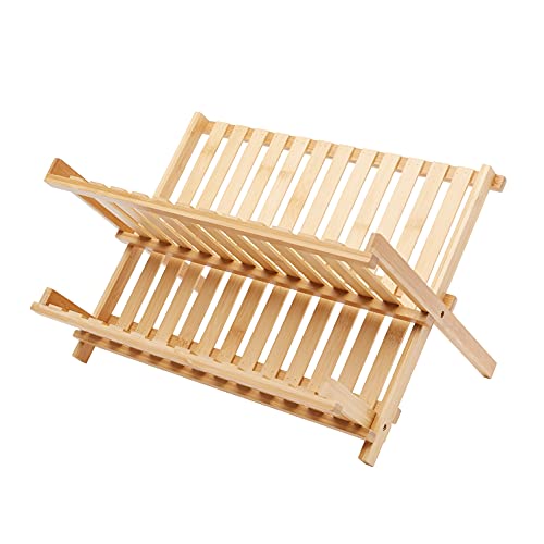 Amazon Basics Folding 2-Tier Wide-Slat Bamboo Dish Drying Rack - Collapsible, Natural