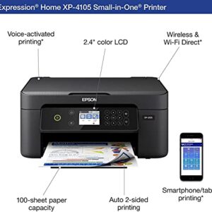 Epson_Printer XP 41 Series, All-in-One Wireless Color Inkjet Printer, Black, Print Copy Scan, 2.4" LCD, Hi-Speed USB, Auto 2-Sided Printing, Voice Activated, with MTC Printer Cable