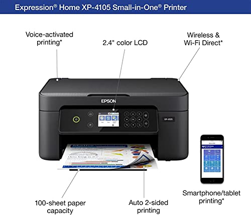 Epson_Printer XP 41 Series, All-in-One Wireless Color Inkjet Printer, Black, Print Copy Scan, 2.4" LCD, Hi-Speed USB, Auto 2-Sided Printing, Voice Activated, with MTC Printer Cable