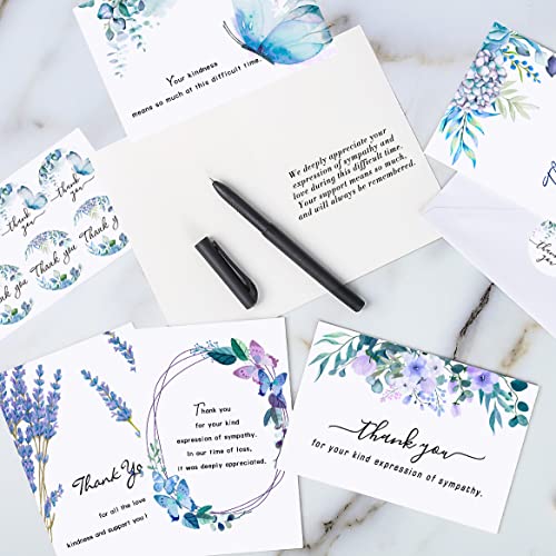 50 Pack Funeral Thank You Cards with Envelopes, Stickers & Message Inside, 4×6 in Watercolor Flowers Butterflies Bereavement Sympathy Thank You Cards for Funeral Family Friends Loved Ones Celebration of Life