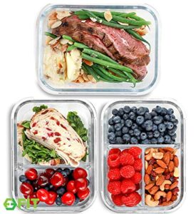 1 & 2 & 3 compartment glass meal prep containers (3 pack, 35 oz) – glass food storage containers with lids, glass lunch box, glass bento box lunch containers, portion control, airtight