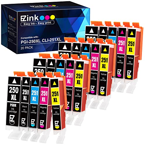 E-Z Ink (TM Compatible Ink Cartridge Replacement for Canon PGI-250XL PGI 250 XL CLI-251XL CLI 251 XL to use with PIXMA MX922 MG5520 (4 Large Black, 4 Cyan, 4 Magenta, 4 Yellow, 4 Small Black) 20 Pack