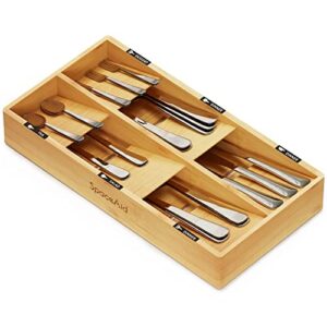 spaceaid bamboo silverware drawer organizer with labels, kitchen utensil tray holder organizer for flatware, cutlery, spoon and knives drawer storage organization (natural, 6 slots)