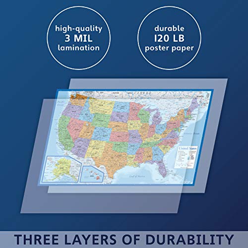 Laminated USA Map - 18" x 29" - Wall Chart Map of The United States of America - Made in The USA - Updated (Laminated, 18" x 29")