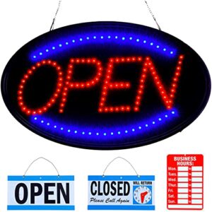 led open signs for business – 23 x 14 inch (x-large size) open sign – neon led open sign with two modes (flashing & steady) includes business hours signs & reversible open closed signs