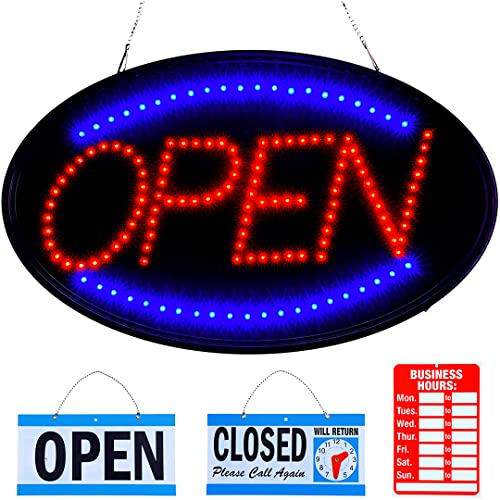 LED Open Signs for Business - 23 x 14 inch (X-Large Size) Open Sign - Neon LED Open Sign with Two Modes (Flashing & Steady) Includes Business Hours Signs & Reversible Open Closed Signs