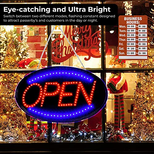 LED Open Signs for Business - 23 x 14 inch (X-Large Size) Open Sign - Neon LED Open Sign with Two Modes (Flashing & Steady) Includes Business Hours Signs & Reversible Open Closed Signs