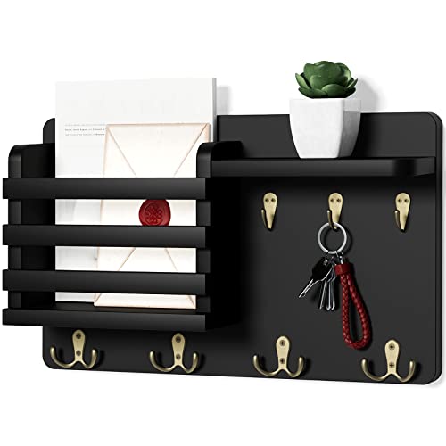 Nekon Mail Holder for Wall Mail Organizer with Key Hooks Hallway Farmhouse Decor Letter Sorter Made of Natural Pine with Floating Shelf and Flush Mount Hardware (16.8Inch x 10Inch x 3.2Inch) (Black)