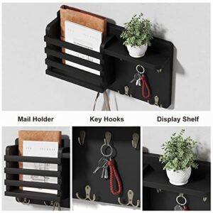 Nekon Mail Holder for Wall Mail Organizer with Key Hooks Hallway Farmhouse Decor Letter Sorter Made of Natural Pine with Floating Shelf and Flush Mount Hardware (16.8Inch x 10Inch x 3.2Inch) (Black)