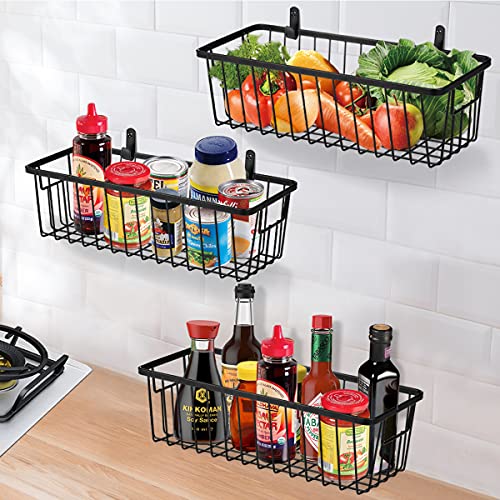 Farmhouse Metal Wire Bin Basket with Wall Mount - Small, 4 Pack - Portable Hanging Wall Basket, Rustic Home Storage Organizer for Cabinets, Pantry, Closets, Bathroom, Kitchen,Bedroom(Black)