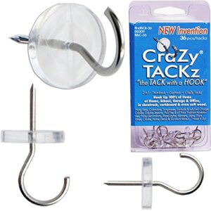 crazy tackz 36 tacks – 2 in 1: push pin hook tack – new invention hang 100’s of items interior or exterior decor at home, school, office, diy, for party or holiday (clear, 36pc)