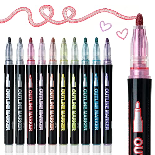 Mr. Pen- Double Line Outline Markers, 10 Colors, Shimmer Markers, Outline Markers Self-Outline Metallic Markers, Outline Pens, Metallic Outline Markers, Craft Pens, Outline Marker